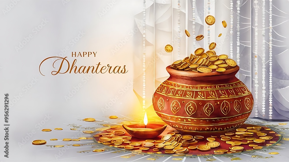 Happy dhanteras celebration with gold kalash and oil lamp diya diwali ...