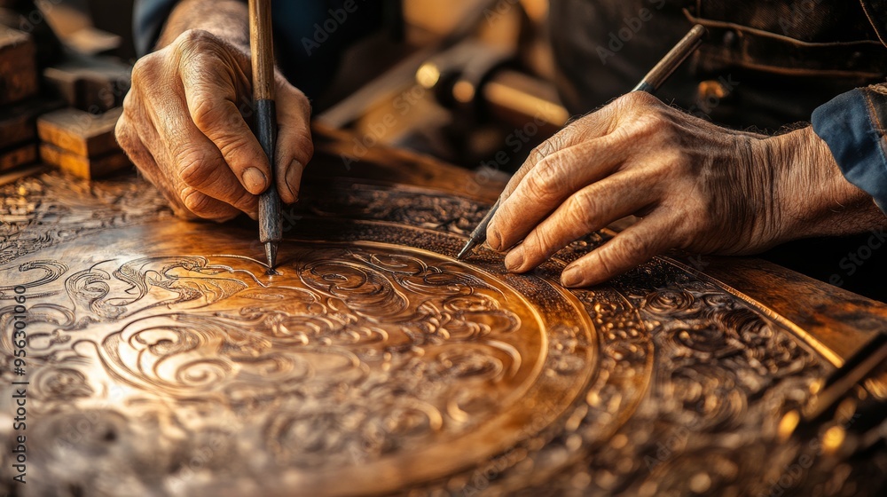 A master engraver creating intricate calligraphy on a copper plate ...