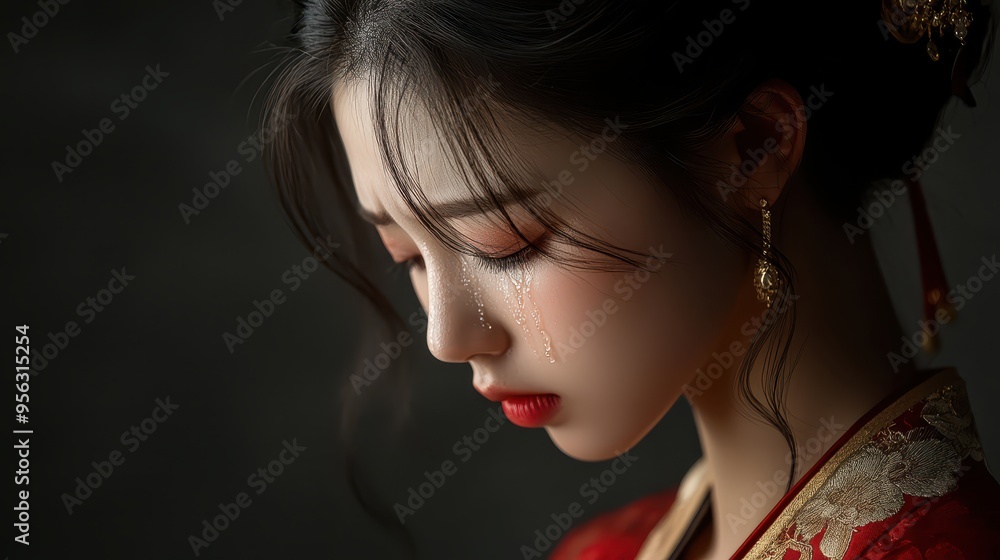Elegant Asian woman in traditional silk, tears flowing softly, Asian ...