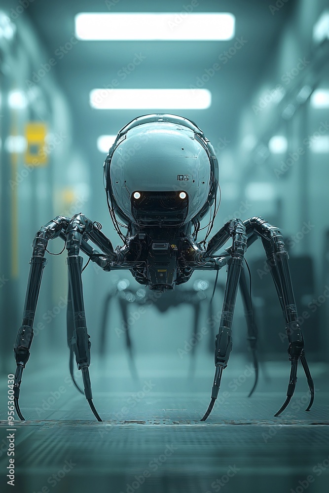 A futuristic robot with spider-like legs creeps through a haunted house ...