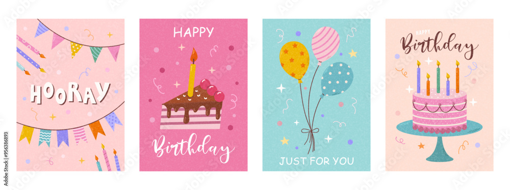 Set of cute birthday cards design with cake, balloons and party ...