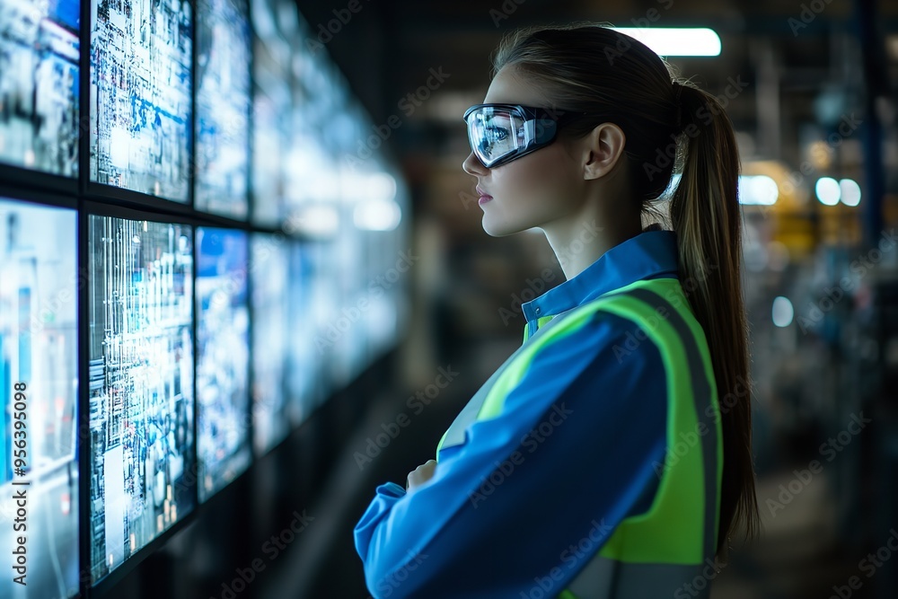 A female engineer overseeing smart factory systems from a control room ...