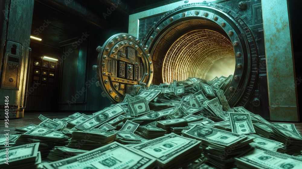An open bank vault filled with stacks of US dollar bills, presenting a ...