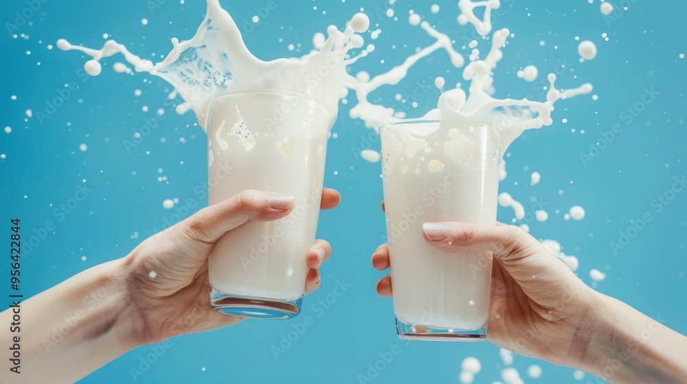 Two hands holding clear glasses filled with refreshing milk. The image ...