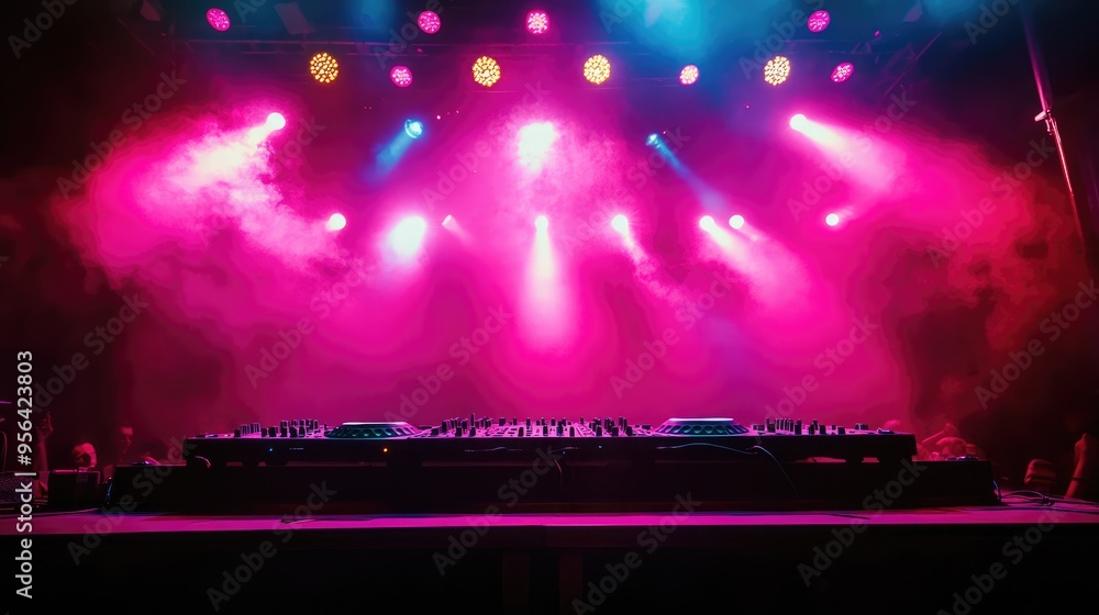 Multiple spotlights illuminating a DJ booth on a club stage, creating ...