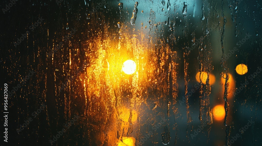 Subtle flash of light seen through a rain-soaked window, with water ...