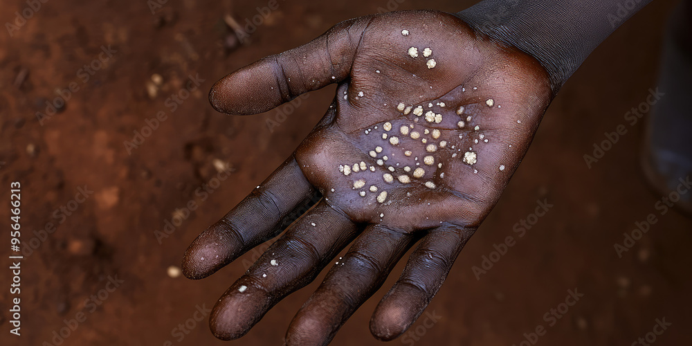 Close up of African human hand showing symptoms of monkeypox disease ...