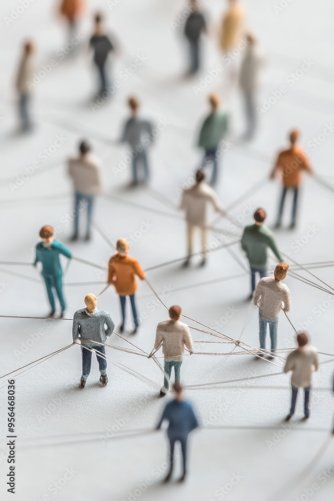 Group of simple miniature people shapes connected by thread lines on a ...