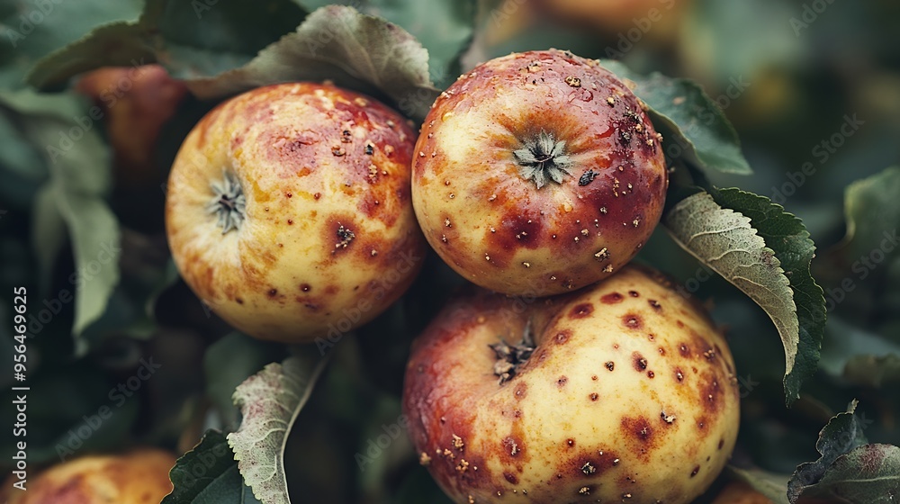 The fruits and leaves of the apple tree are affected by the fungal ...