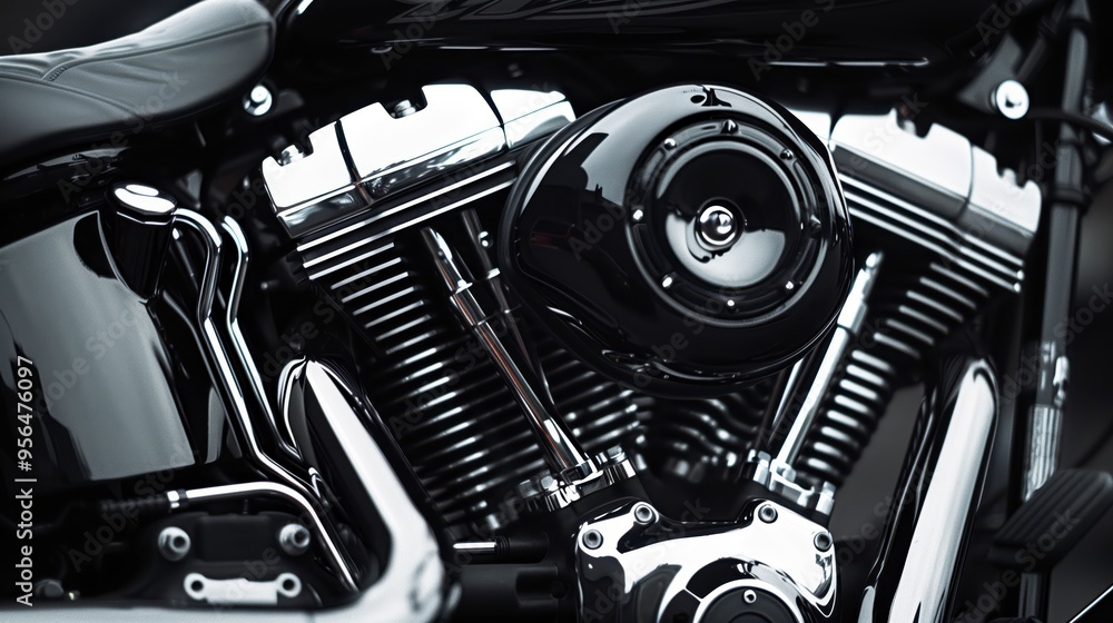 The shiny chrome components of this custom motorcycle engine are ...
