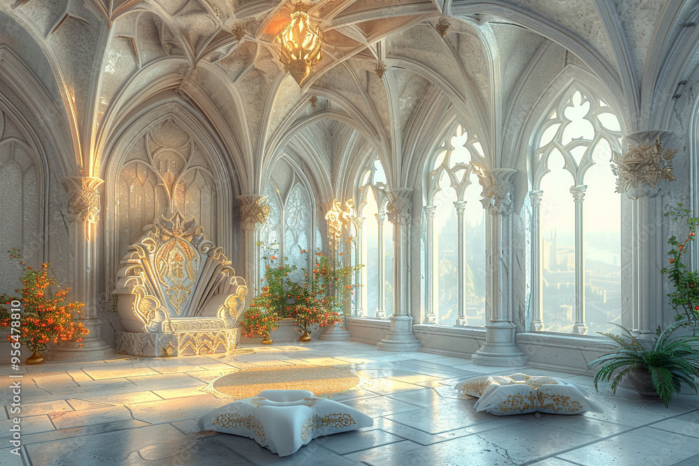 A 3D fantasy medieval throne room featuring gothic arches and windows ...