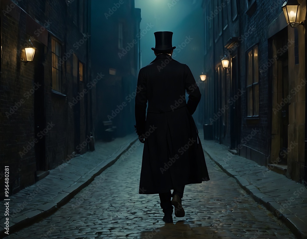 Within the dimly lit city alley, a mysterious man clad in a black coat ...
