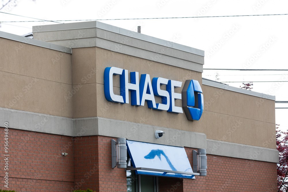 Gresham, OR, USA - April 15, 2024 - Chase bank branch building with a ...