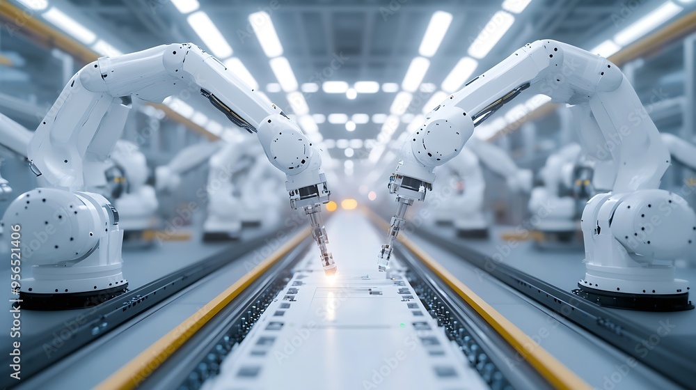 Row of White Robotic Arms at Automated Production Line at Factory Electric Car Manufacturing ...
