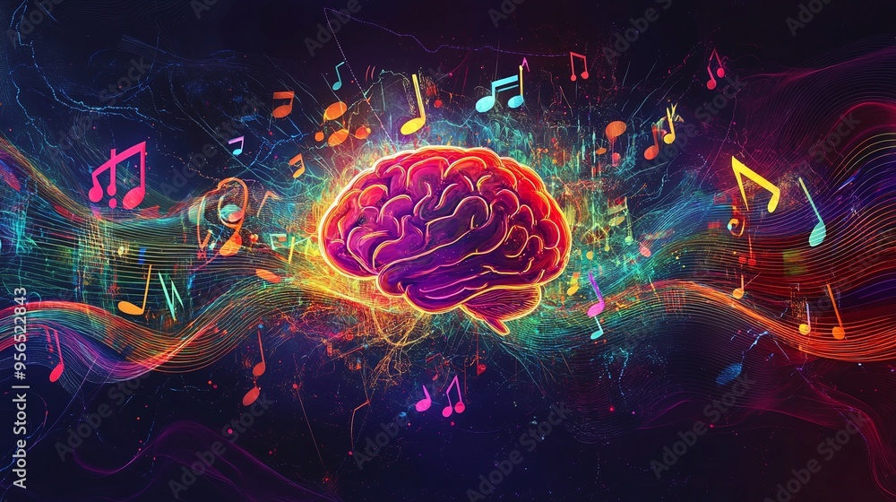 Human brain with vibrant melody wave and music notes, self care and ...