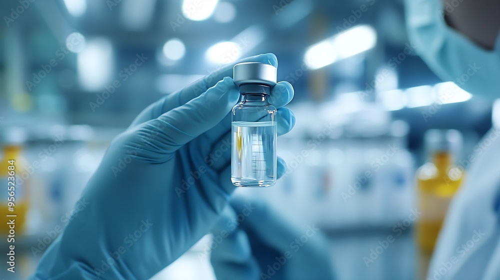 Medical personnel picking up vial of generic vaccine with more ...