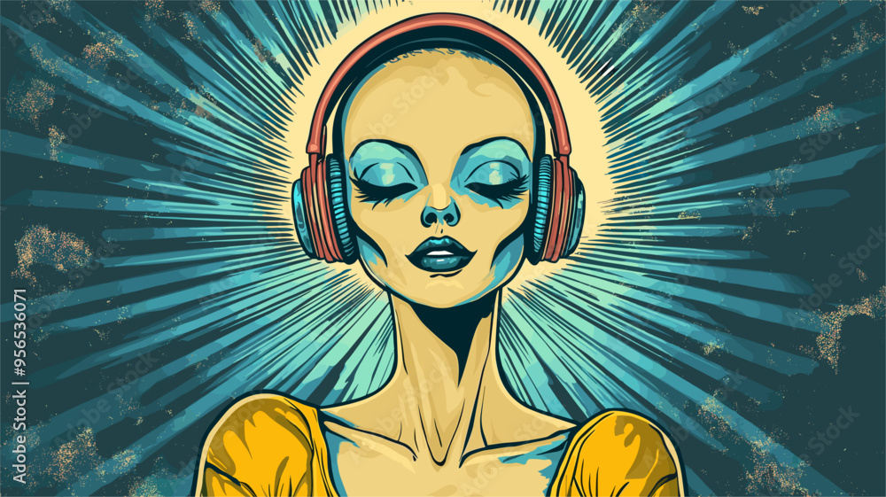 vector girl in headphones at a rave in yellow and blue colors in pin-up ...