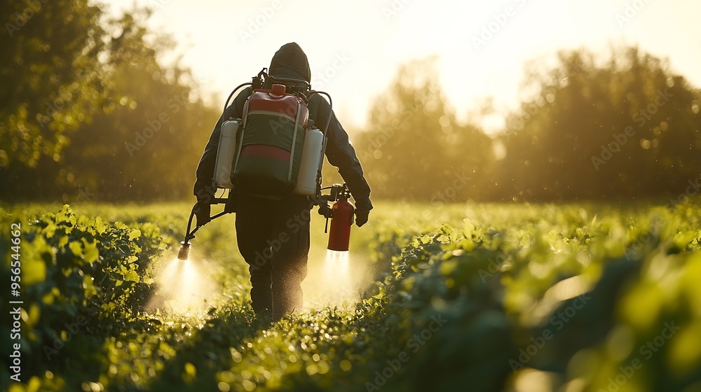 Foto de Stock Farmer spraying pesticide sprayer garden farm vegetable ...