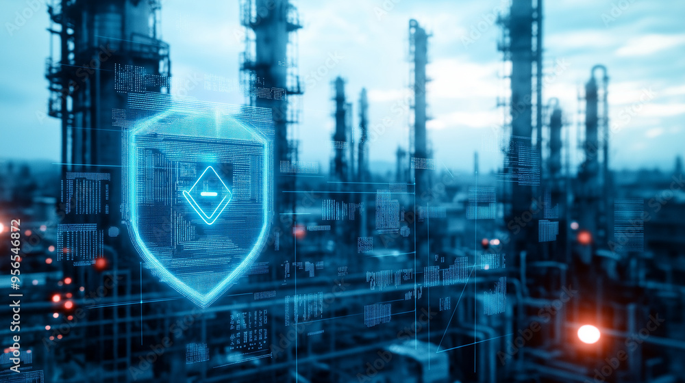 An expansive industrial facility with towering structures, overlaid ...