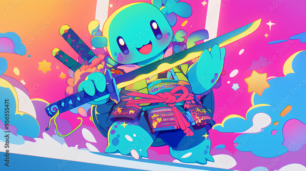 Cute turtle wearing Japanese samurai armor, cool poses, cute kawaii ...