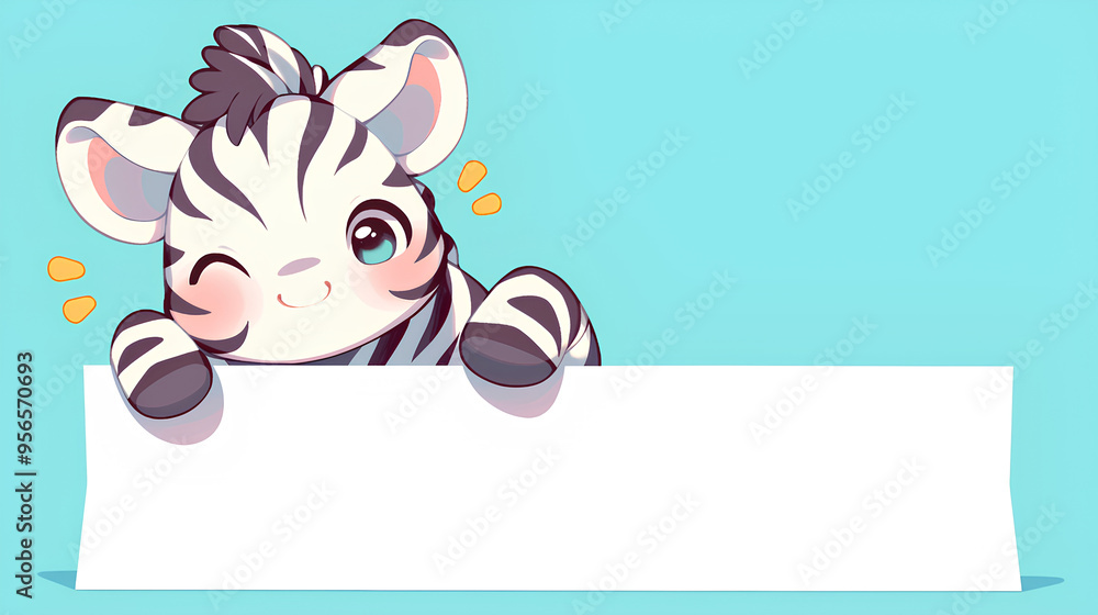 cute zebra holding up a blank sign, colorful cartoon character, empty ...