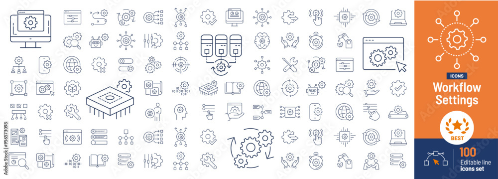 Workflow thin line icon set. Containing hierarchy, mechanism, manager ...
