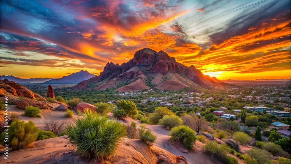 Vibrant sunset casts a warm glow over the iconic Camelback Mountain, a ...