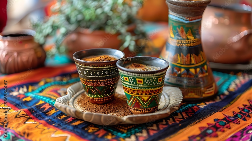 Traditional Ethiopian coffee ceremony setup, with a jebena and small ...