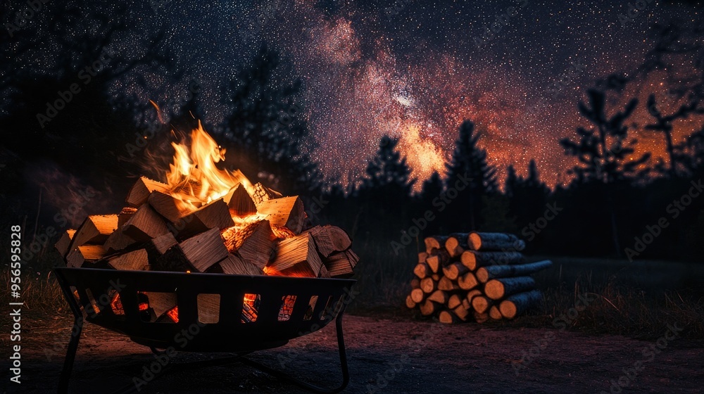 A stack of firewood in a metal rack, placed beside a roaring fire pit ...