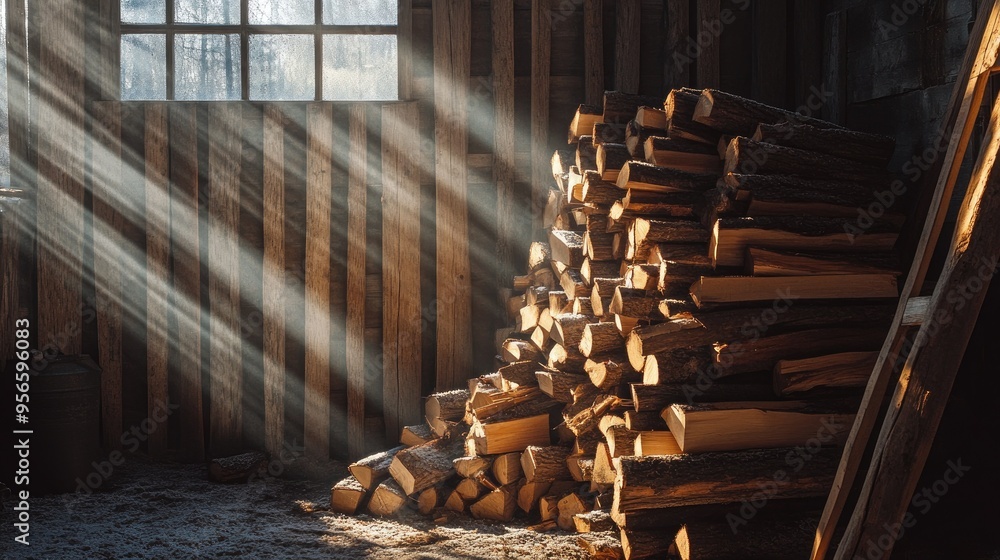 A stack of firewood piled high in a wooden shed, with sunlight ...