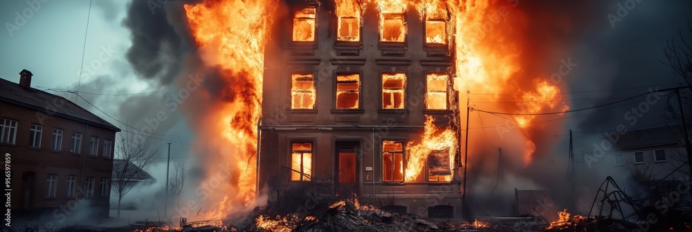 An intense fire engulfing a multi-story building, with flames pouring ...