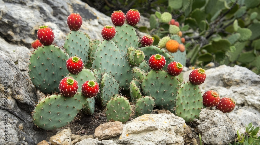 Opuntia ficus-indica cactus with bright red prickly pear fruits ...