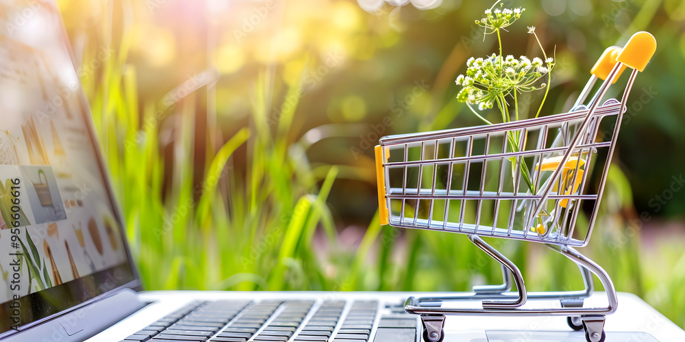 Digital Online Shopping Concept: Miniature Shopping Cart, and Cardboard ...