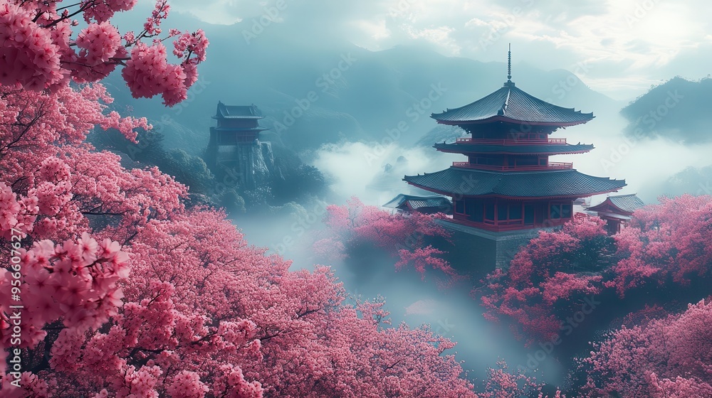 Ilustración de Stock ethereal japanese fantasy misty cherry blossom ...