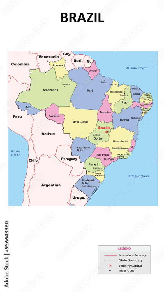 Brazil Map. State and union territories of Brazil with neighbouring ...