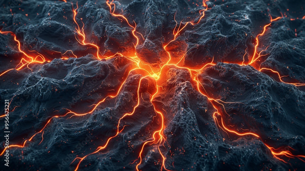 Explosion of molten rock underground, creating glowing magma rivers ...
