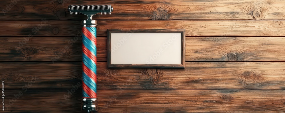 Vintage barber shop pole and blank sign mockup, aged wood storefront ...