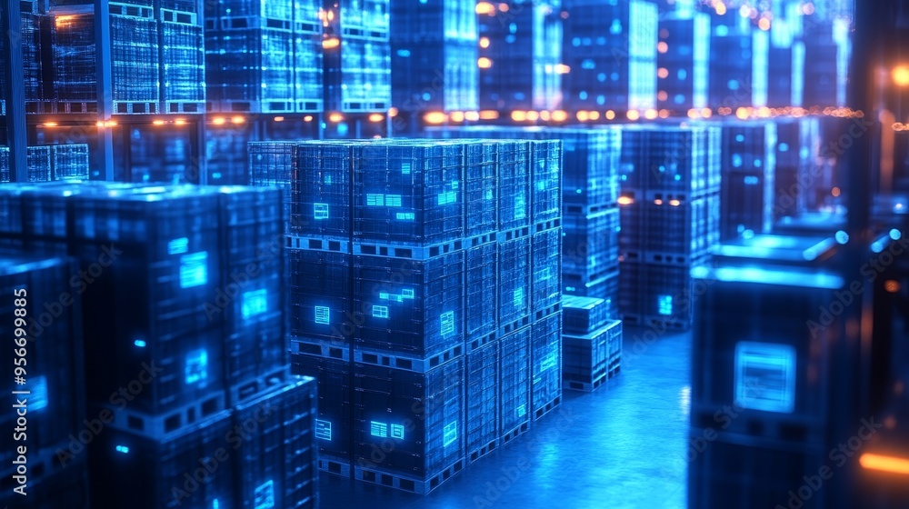 Rows of pallets stacked high in a vast warehouse, holographic data ...