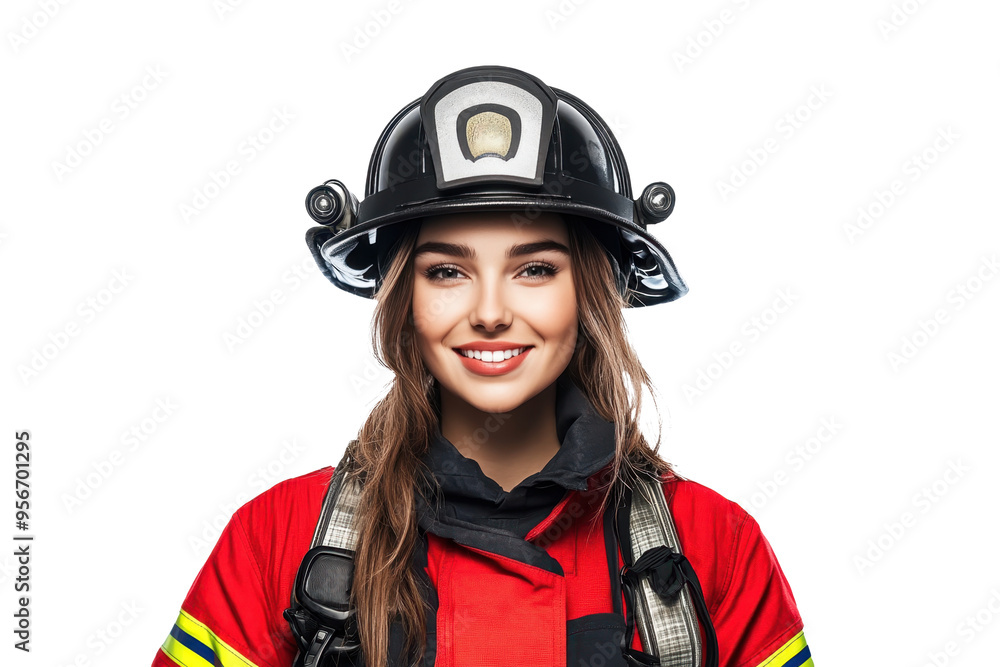 Front-facing portrait of a delighted American female firefighter ...