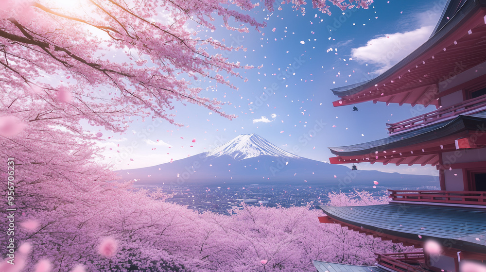 Arakura Fuji Sengen Shrine, view of the shrine facing Mount Fuji with ...
