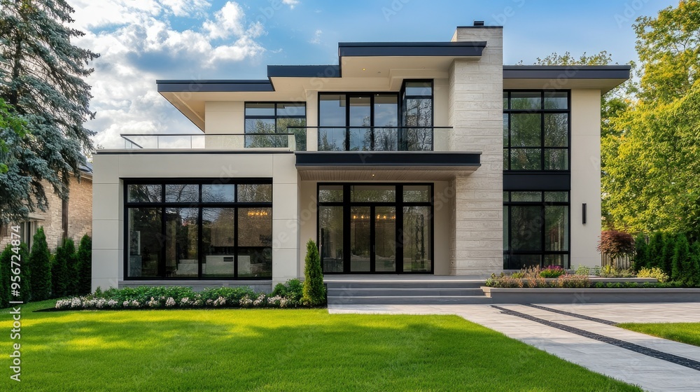 Elegant exterior of a two-story house with a cream facade and black ...