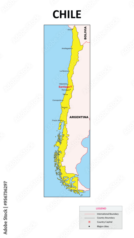 Chile Map. Major cities in Chile. Political map of Chile with border and neighbouring countries ...