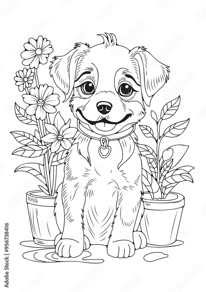 Cute puppy sits next to potted house flowers. Art therapy. Coloring ...