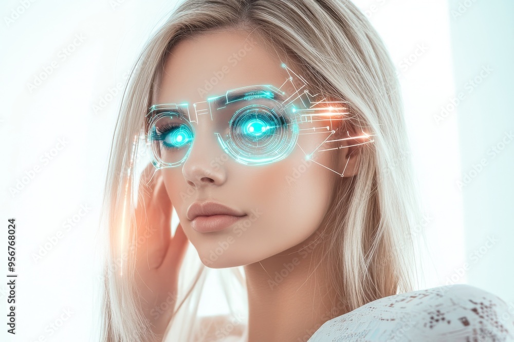 An eye of the future. Woman with advanced cyber technology with ...