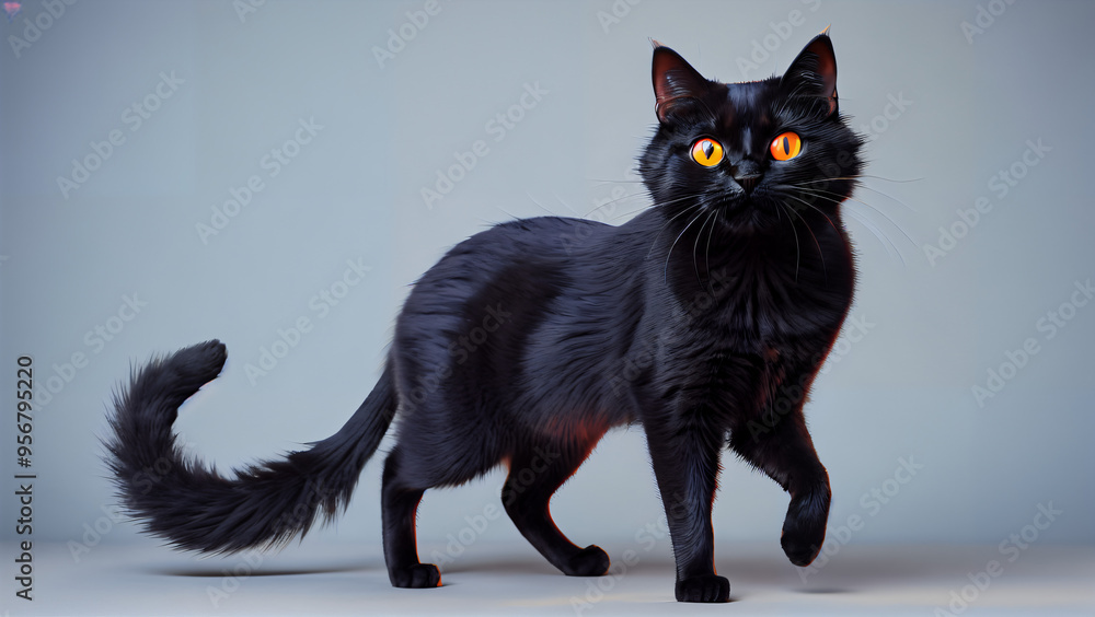 Graceful Black Cat with Smooth Shining Fur and Bright Orange Eyes ...