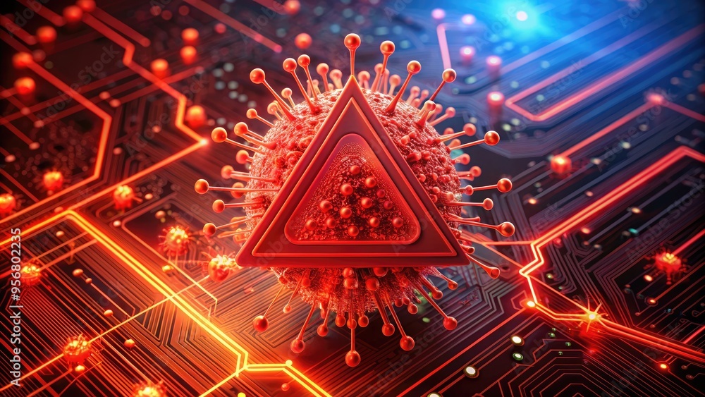 A bright red warning symbol overlaid on a microscopic image of a virus ...