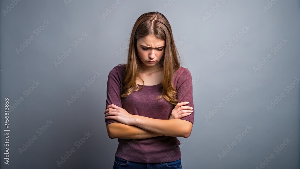 A disappointed young adult female stands alone, looking down, with her ...