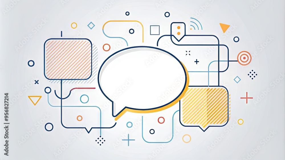 A minimalist design featuring a speech bubble, surrounded by simple ...