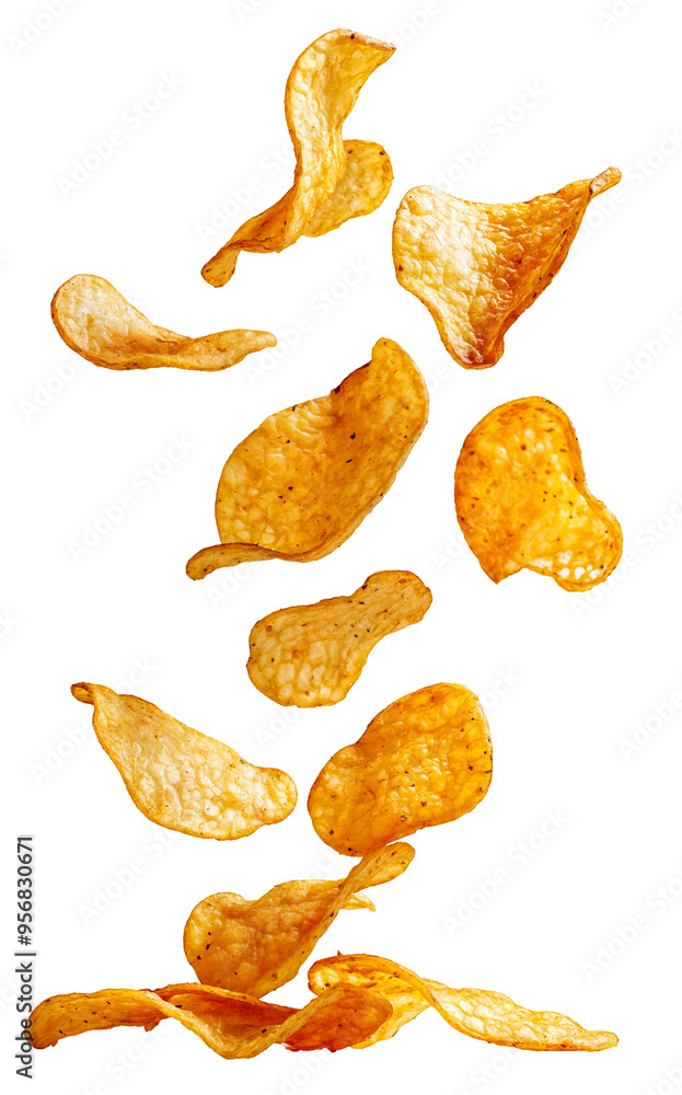 Stock-Foto „Crispy potato chips falling in mid-air, isolated on a ...
