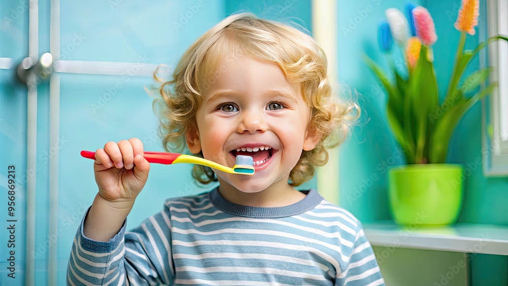 Adorable young child with a bright smile holds a colorful toothbrush ...